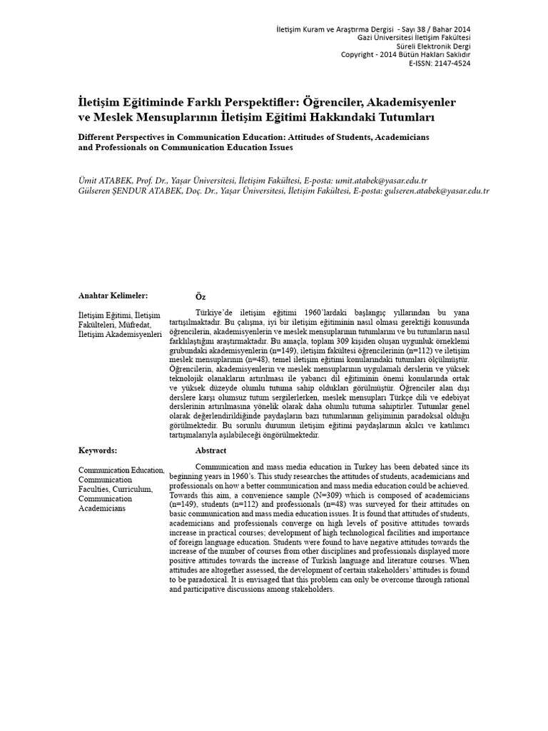 Leti Im E Itiminde Farkl Perspektifler Renciler, Akademisyenler Ve Meslek Mensuplar N N Leti Im ...