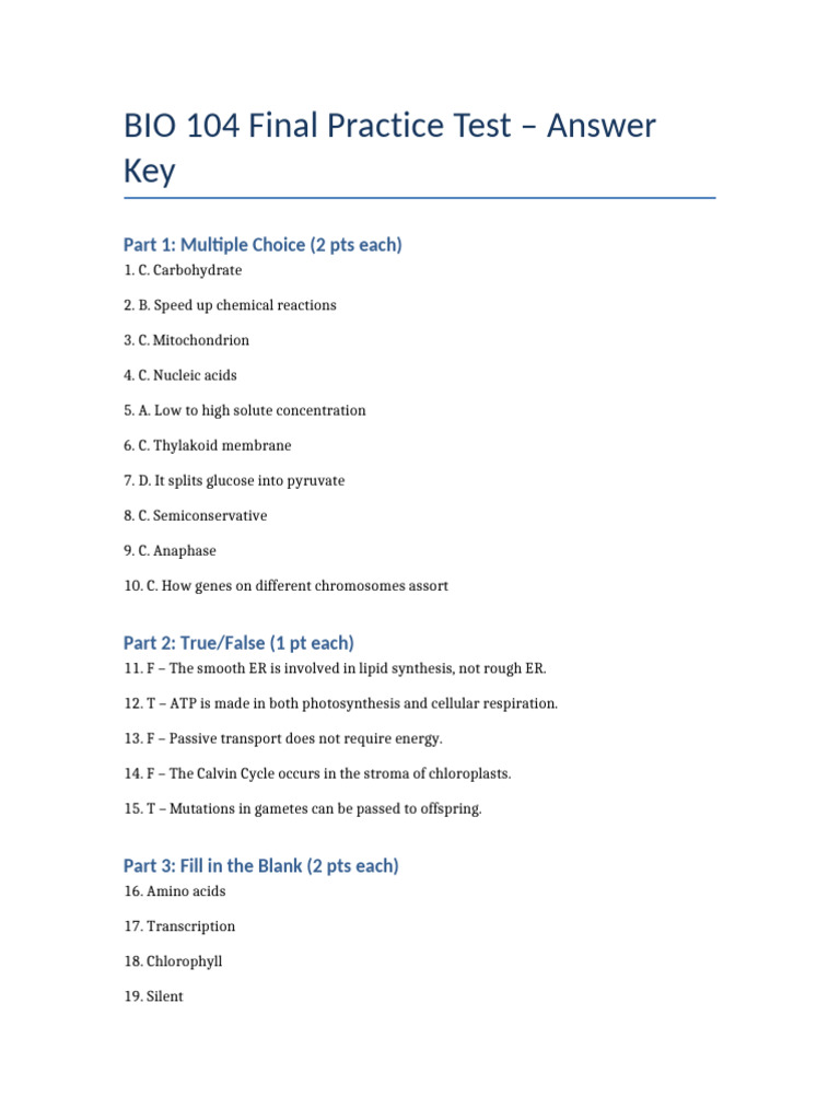 BIO 104 Final Practice Test Answers | PDF