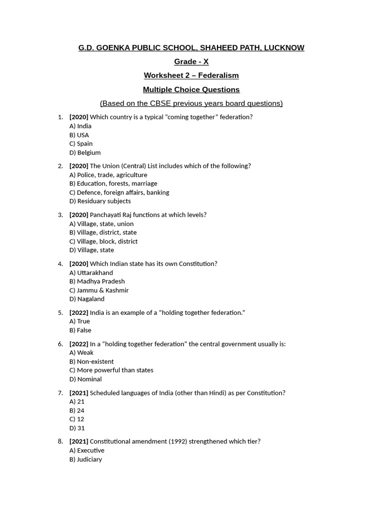 Federalism MCQs for Grade X Students | PDF | Legal Documents | Government