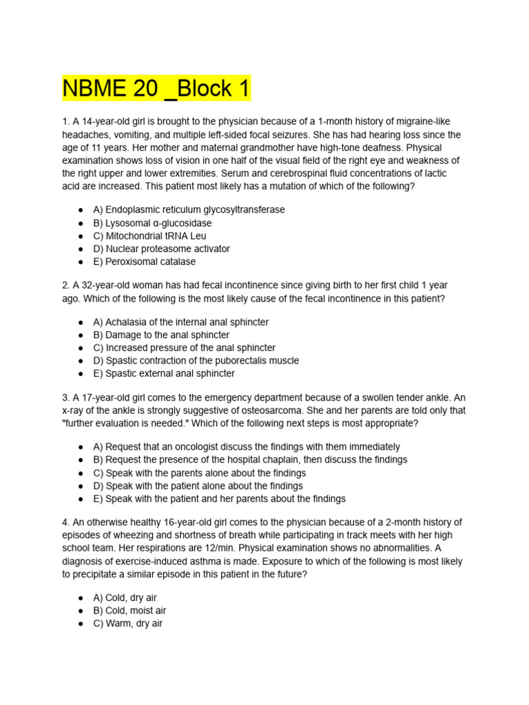NBME 20 - Block 1 | PDF | Medical Specialties | Clinical Medicine