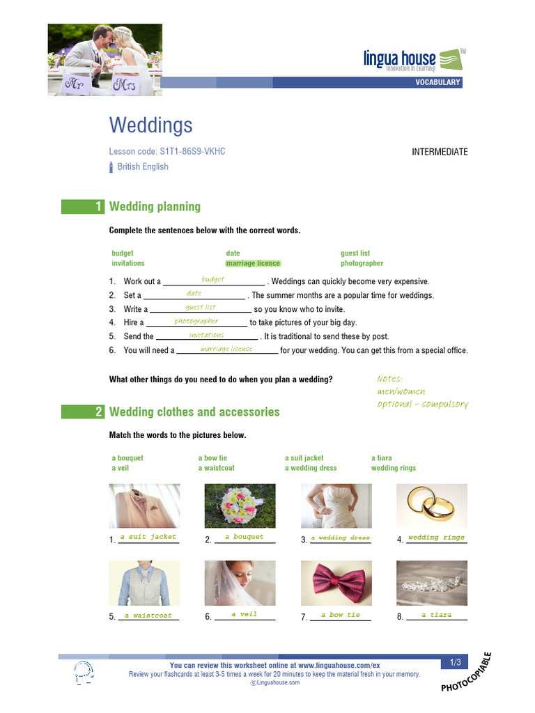 Weddings British English Intermediate-group Linguahouse B1 B2 Form TB ...