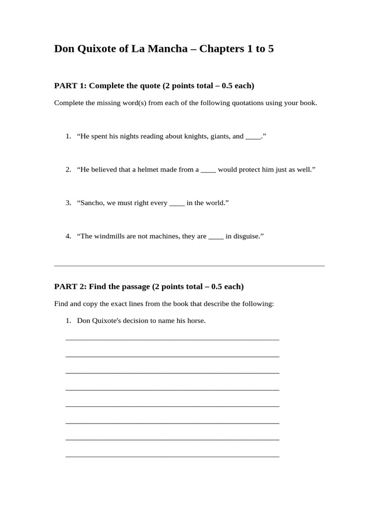 Don Quixote of La Mancha Assesment | PDF | Don Quixote