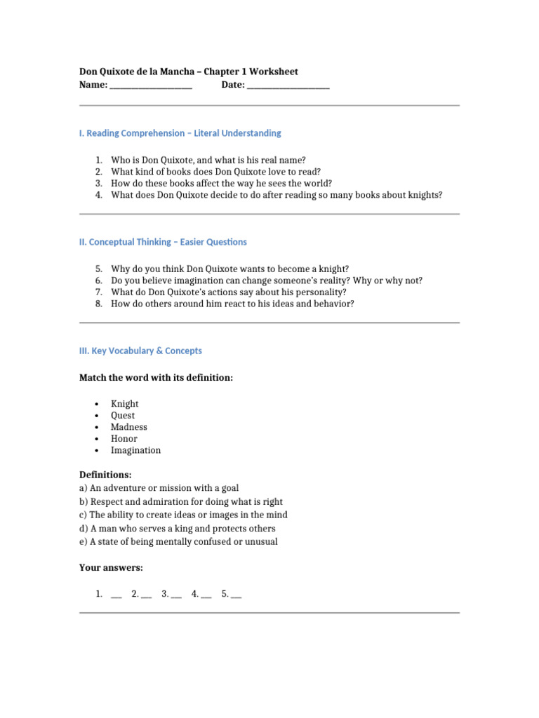 Don Quixote Chapter 1 Worksheet | PDF