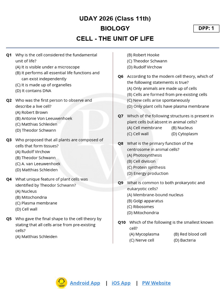 Cell - The Unit of Life - DPP 01 - Uday 2026 (Class 11th) | PDF | Cell (Biology) | Life Sciences