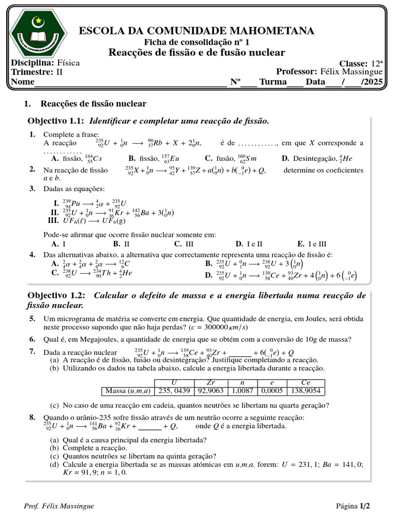 Fissão e Fusão Nuclear: Exercícios de Física | PDF | Núcleo atômico ...