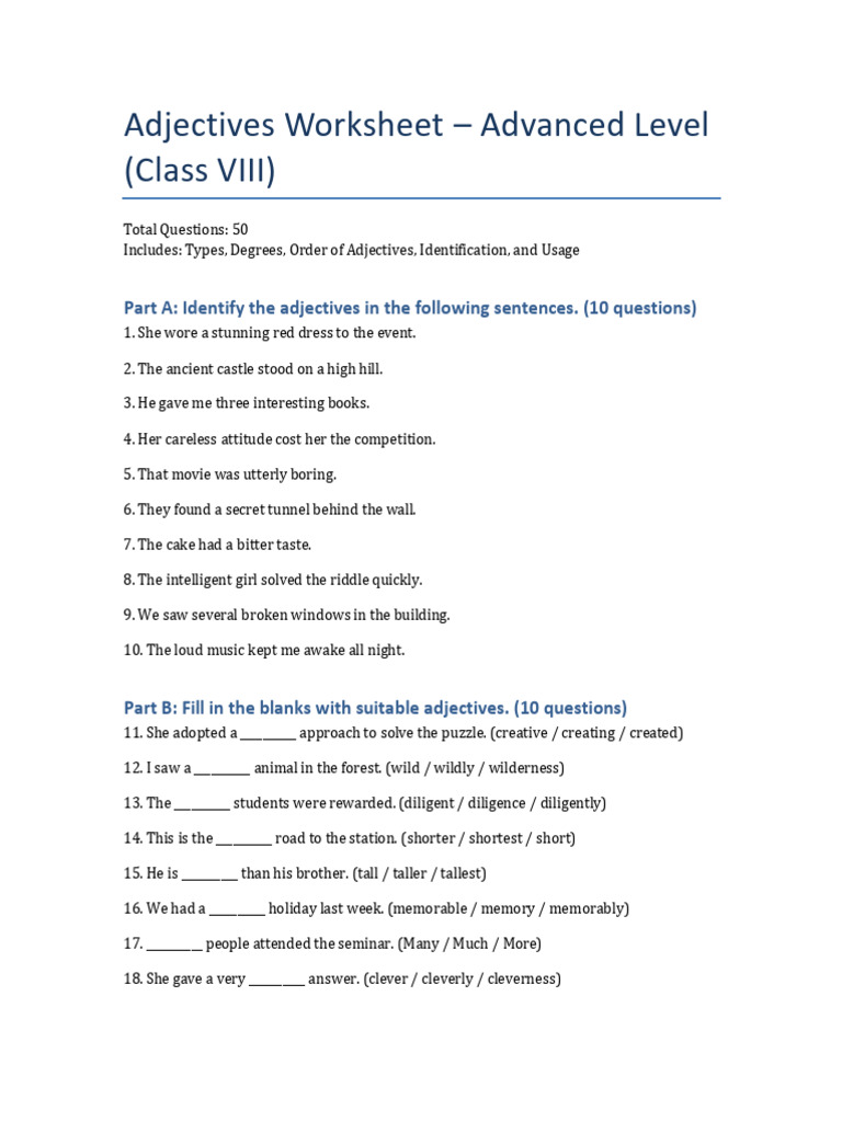 Advanced Adjectives Worksheet for Grade 8 | PDF
