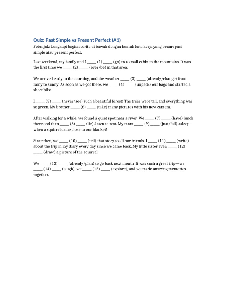 Past Simple Vs Present Perfect Quiz A1 | PDF