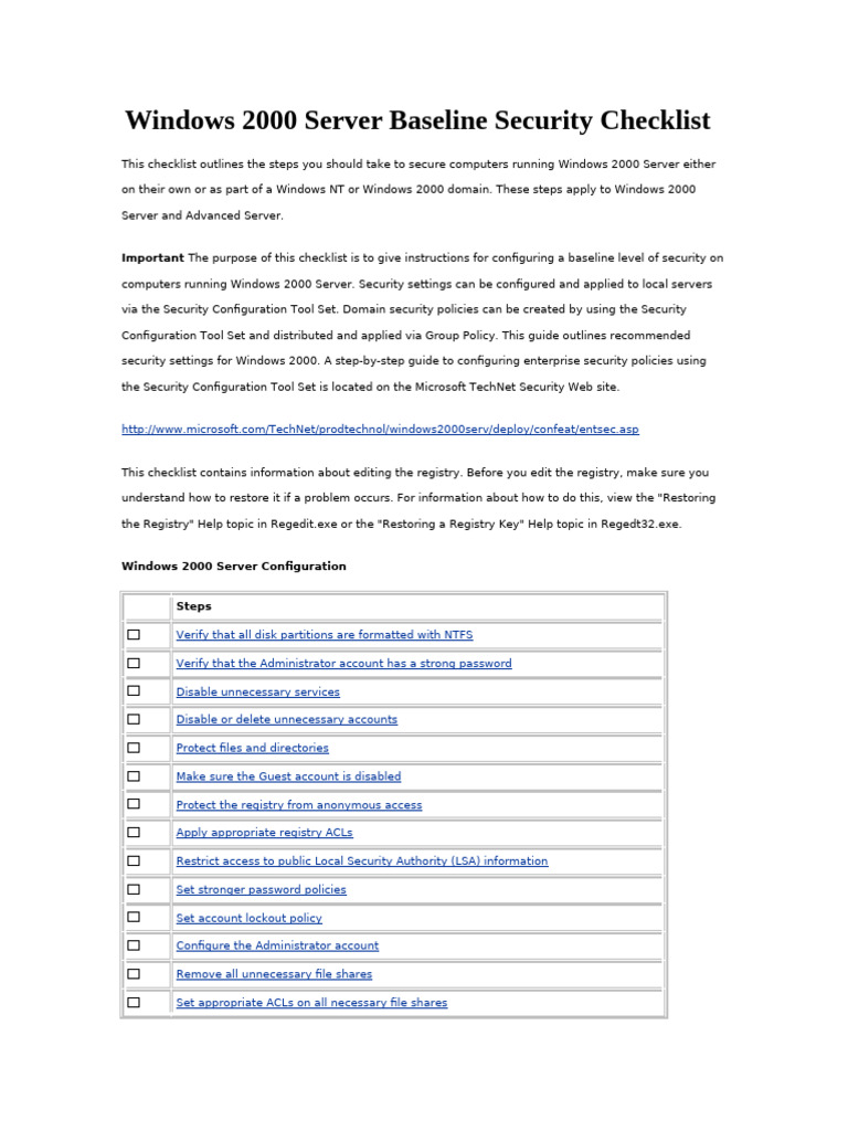 Windows 2000 Server Baseline Security Checklist | PDF | Windows Registry | Windows 2000