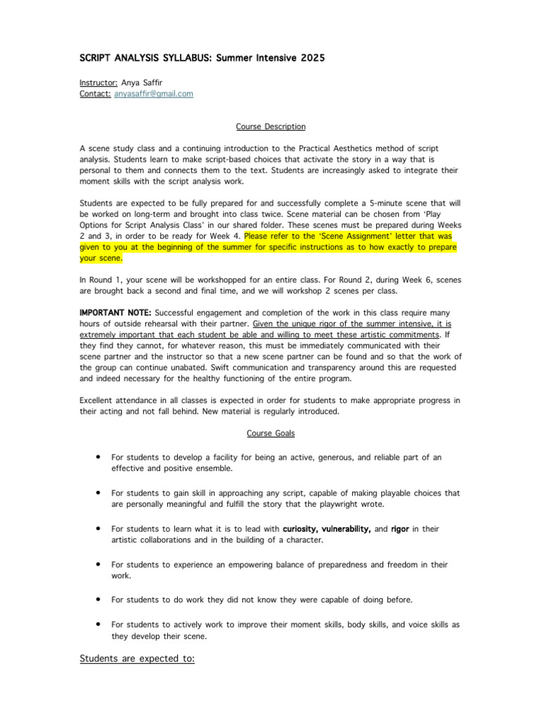 Script Analysis Syllabus 2025 Intensive | PDF