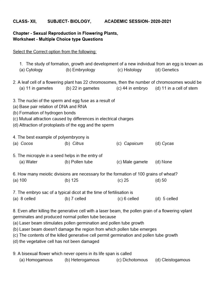 MCQs on Sexual Reproduction in Plants | PDF | Seed | Fertilisation