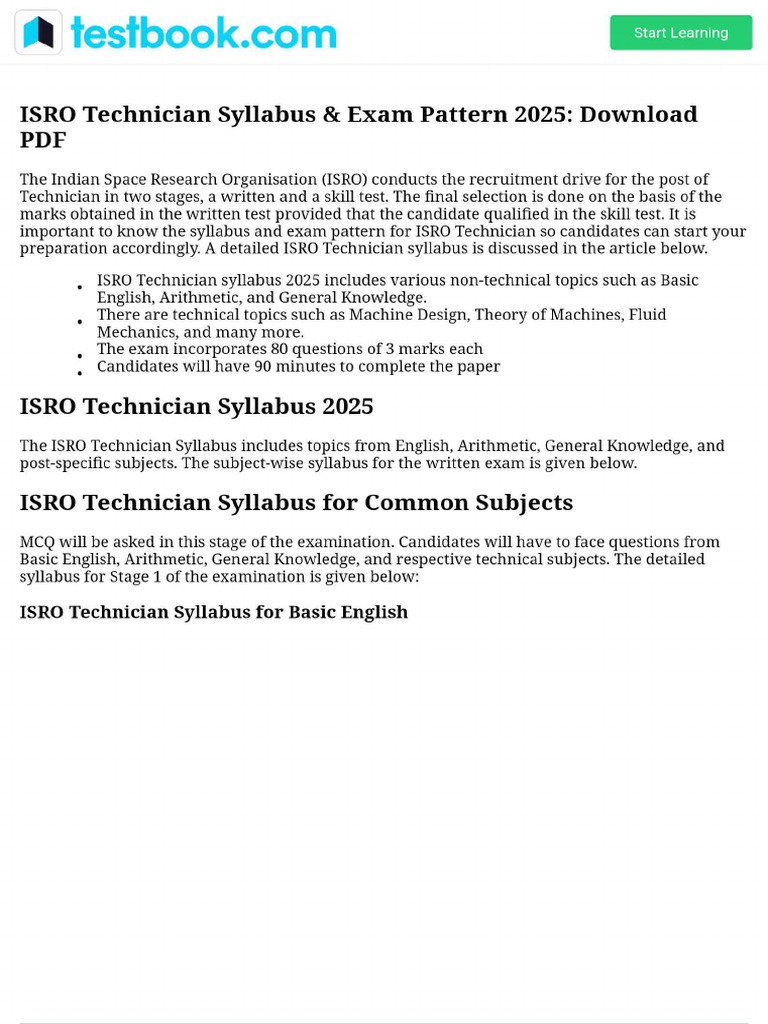 ISRO Technician Syllabus & Exam Pattern 2025 - Download PDF | PDF