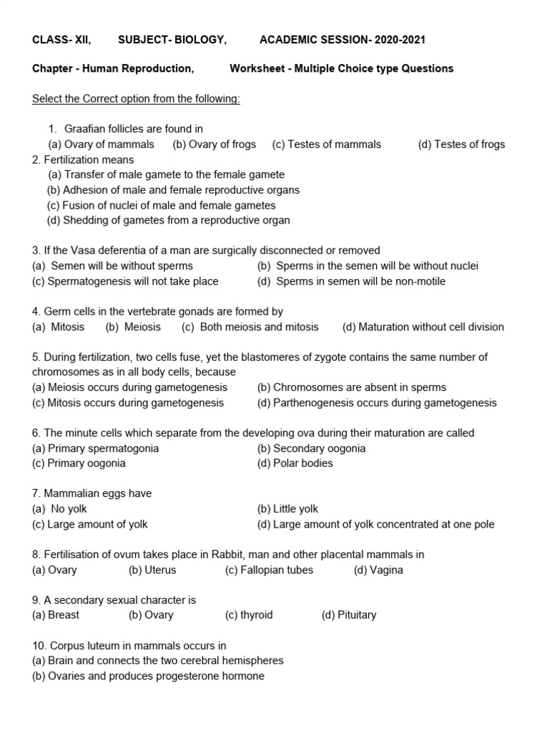 Ch-3 Human Reproduction MCQs Part-1 | PDF | Menstrual Cycle | Ovary