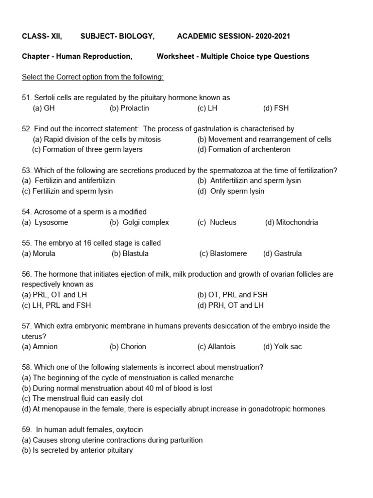 Ch-3 Human Reproduction MCQs Part-II | PDF | Menstrual Cycle | Animal ...
