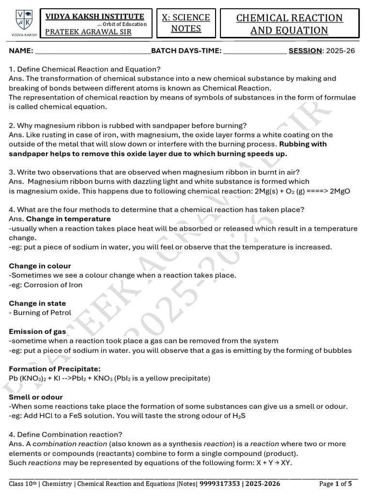 Chemical Reaction and Equation | PDF | Chemical Reactions | Redox