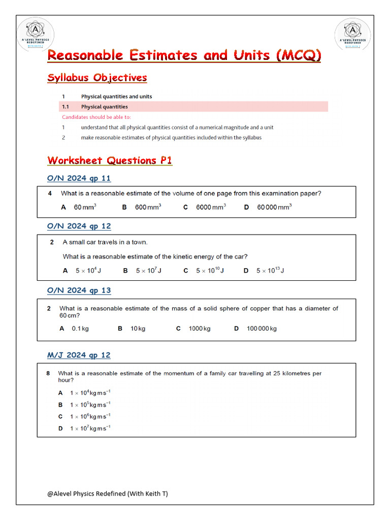Reasonable Estimates MCQ | PDF