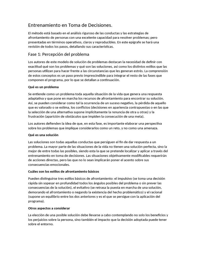 Entrenamiento en Toma de Decisiones | PDF | Toma de decisiones | Sicología