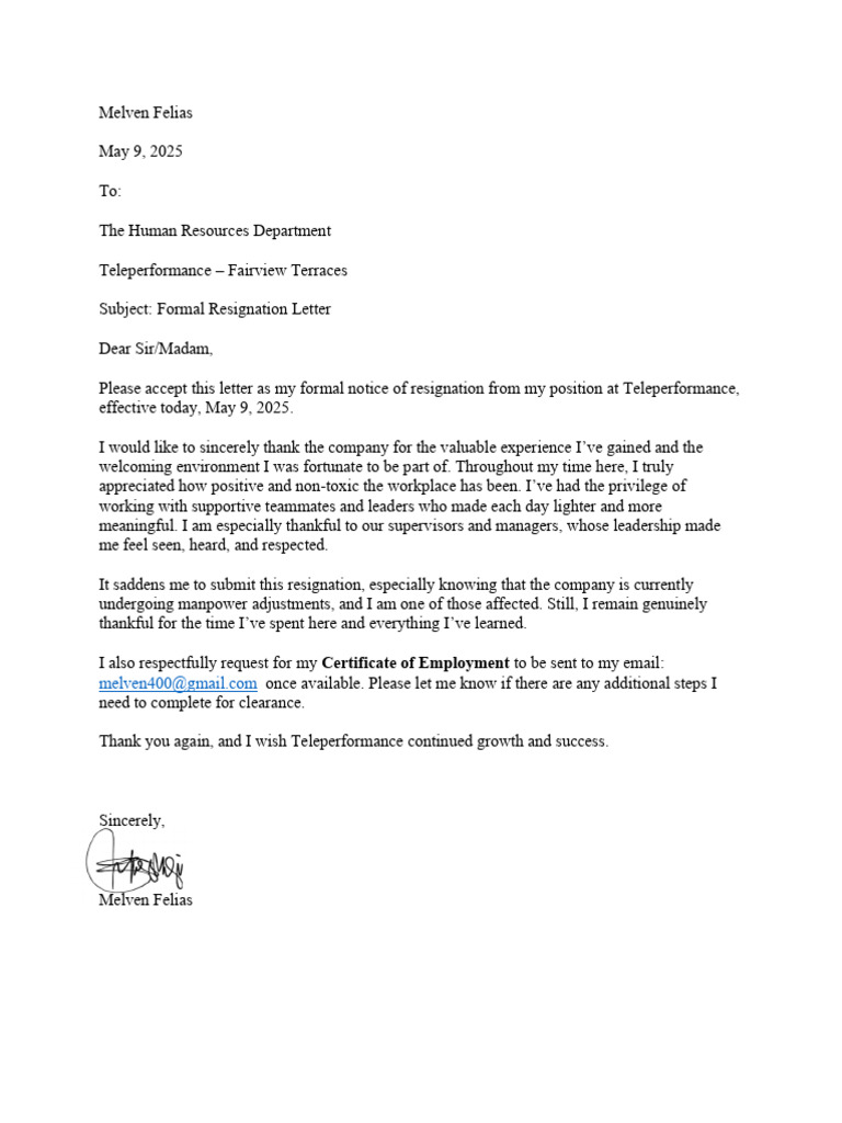 Melven Felias - Resignation Letter | PDF