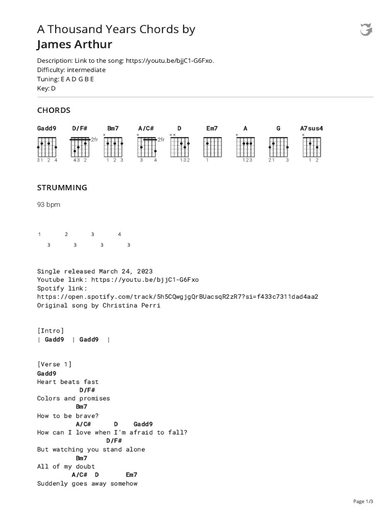 A Thousand Years Chords by James Arthurtabs at Ultimate Guitar Archive ...