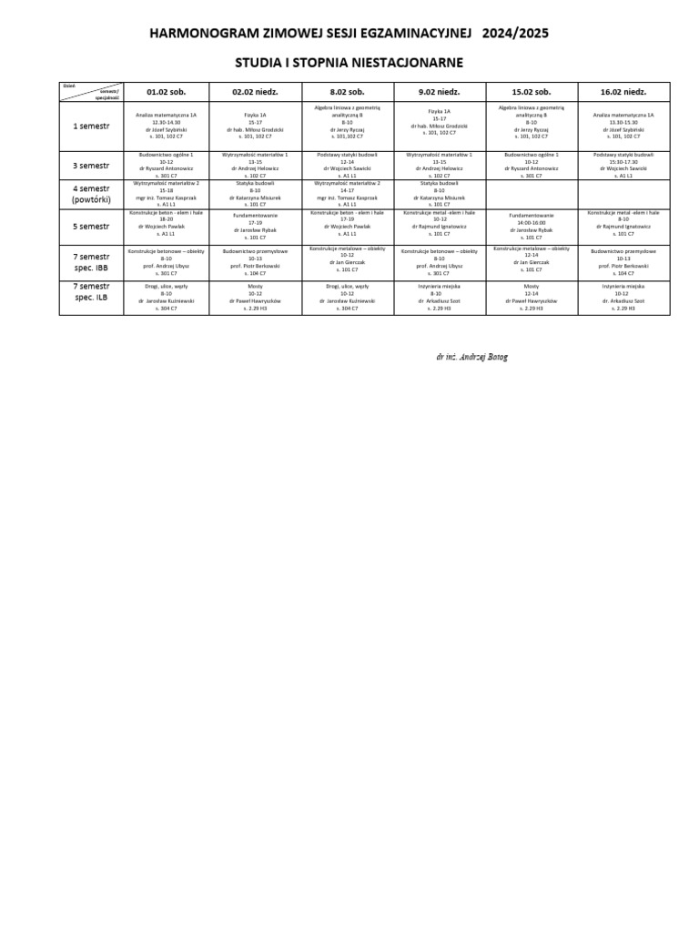 Studia I Stopnia - Niestacjonarne - Harmonogram-7-01-2025 | PDF