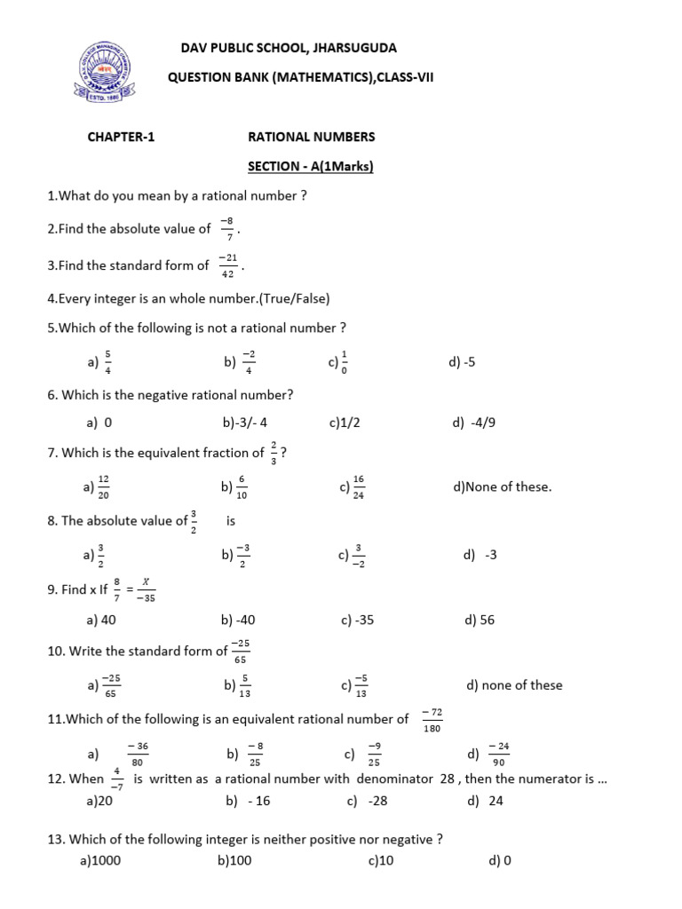 Class 7 Maths Question Bank | PDF | Numbers | Rational Number