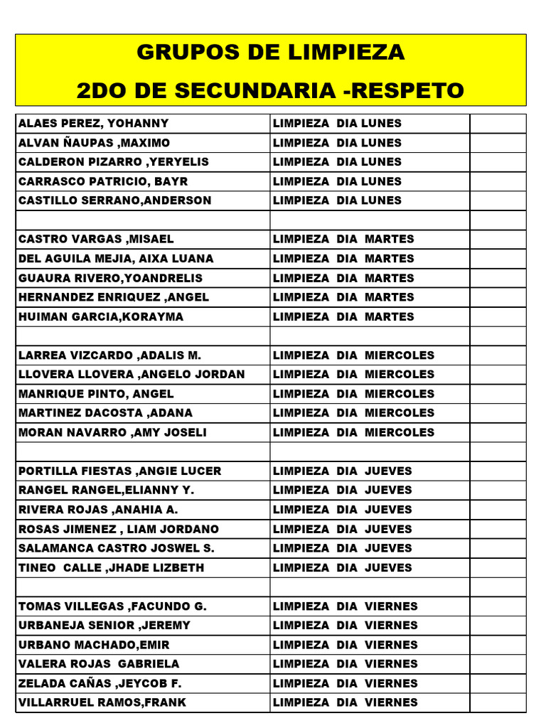 Grupos de Limpieza 2do de Secundaria - Respeto | PDF