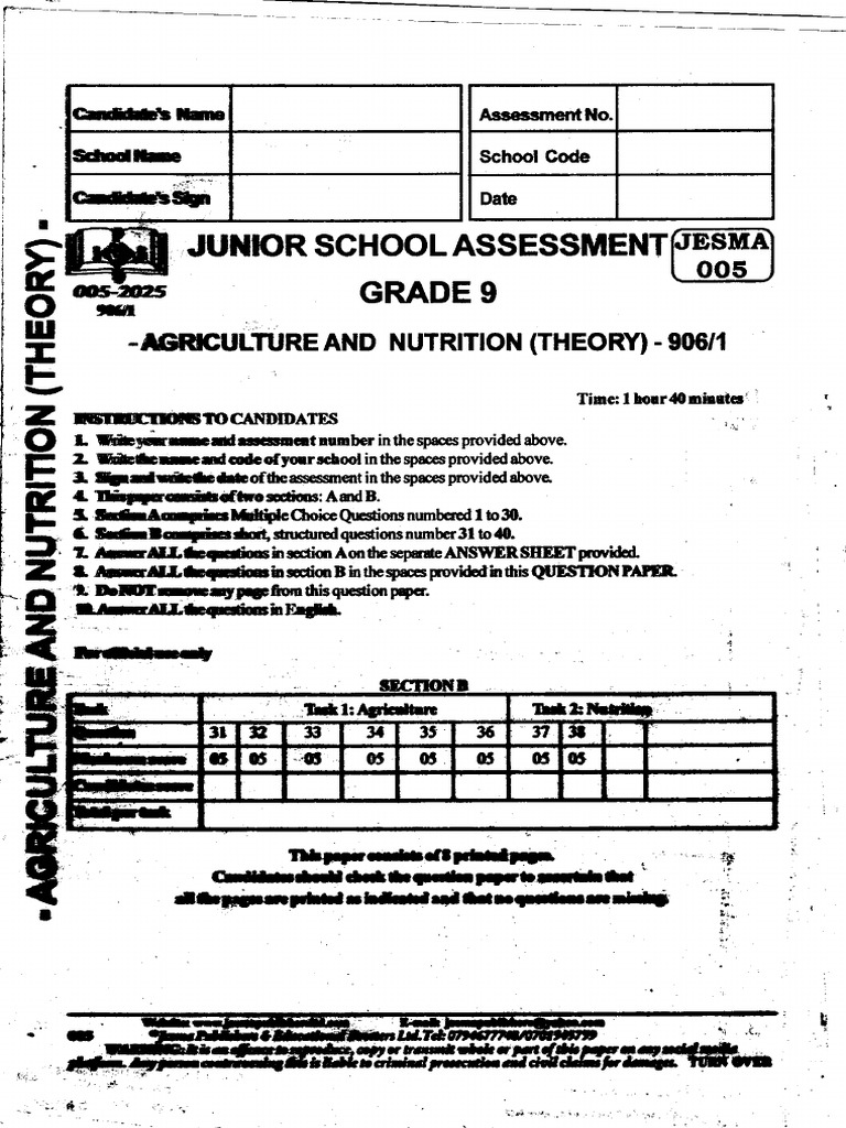 Grade 9 Jesma 005 Agric and Nutrition 2025 | PDF