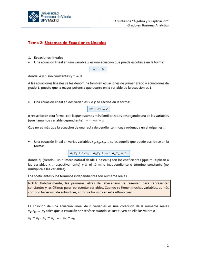 Tema 2-Sistemas de Ecuaciones Lineales - MFR-1 | PDF | Ecuaciones | Sistema de ecuaciones lineales