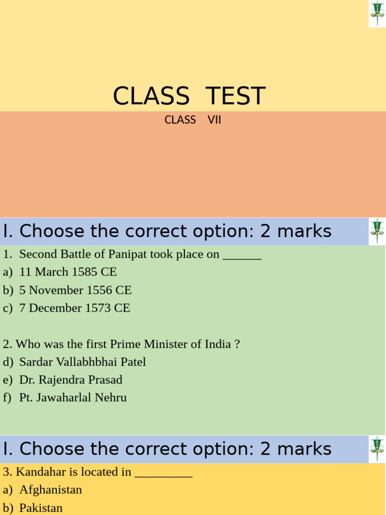 Class VII Class Test 01 1709314234 | PDF