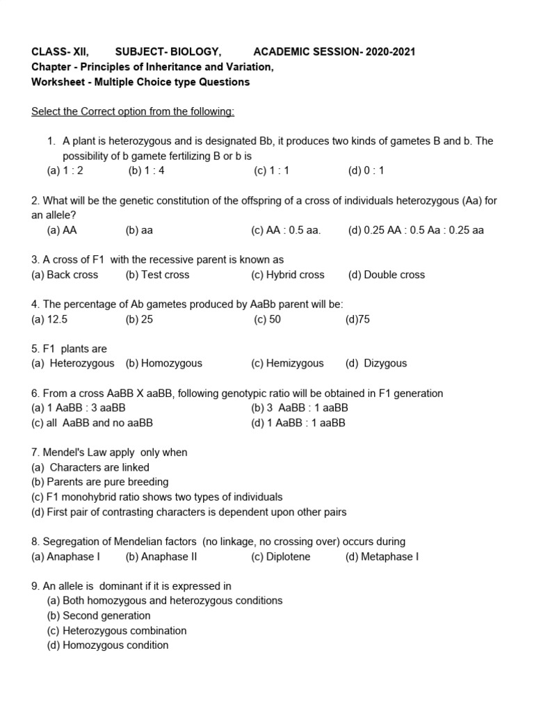 Ch-5 Principles of Inheritance and Variation MCQs | PDF | Zygosity | Dominance (Genetics)