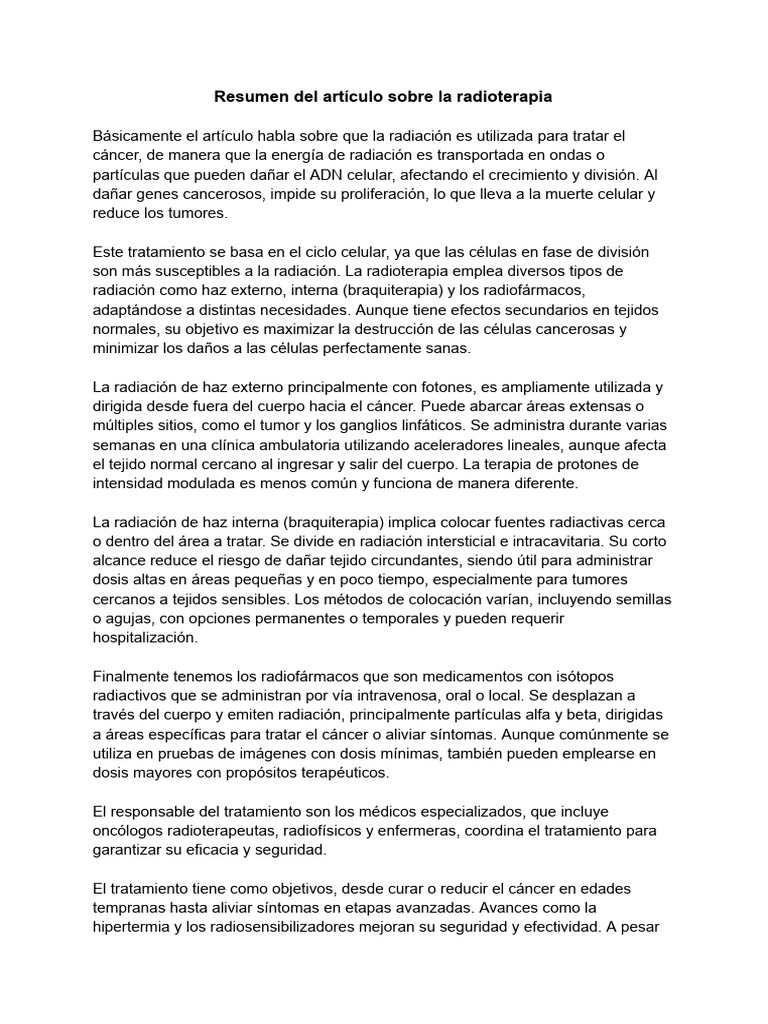 Resumen Del Articulo Sobre La Radiación | PDF | Terapia de radiación | Cáncer