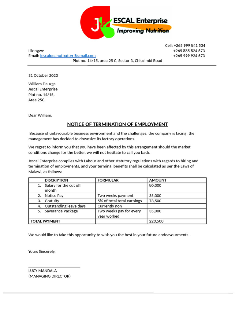 Termination of Employment Notice | PDF