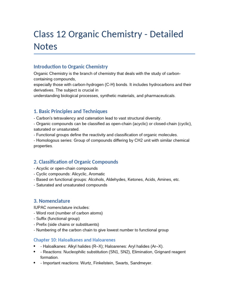 Class 12 Organic Chemistry Detailed Notes | PDF | Organic Chemistry ...