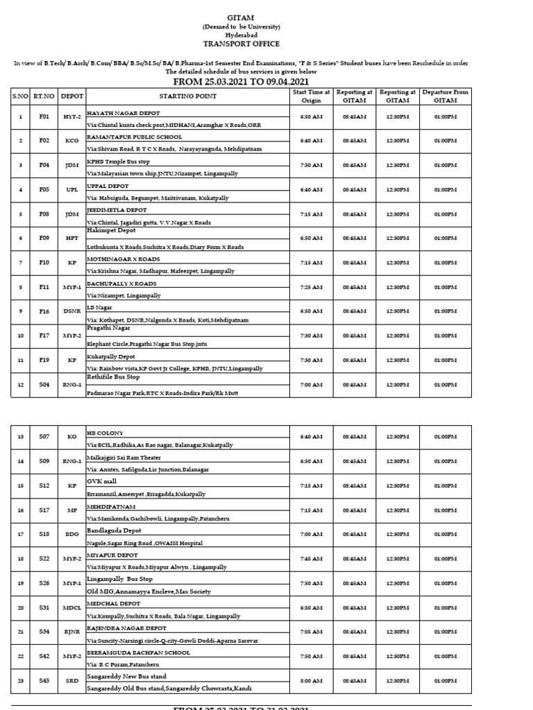 GITAM University Bus Timings Schedule | PDF | Bus Transport | Transport