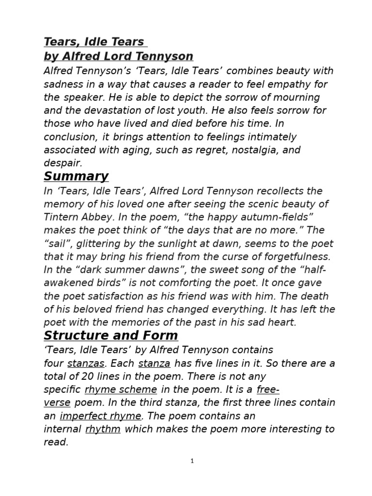 Analysis of Tennyson's "Tears, Idle Tears" | PDF | Poetry