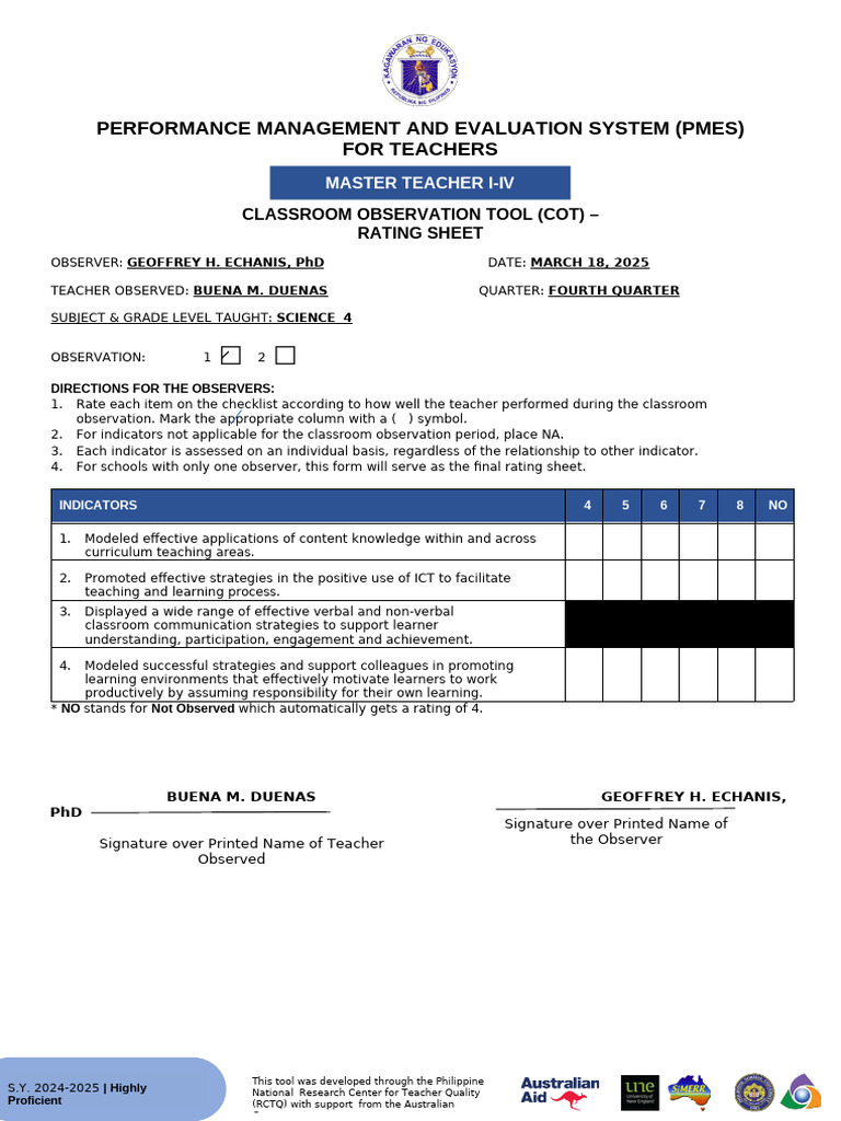 RATING SHEET For Highly Proficient Teacher For SY 2024 2025 | PDF ...