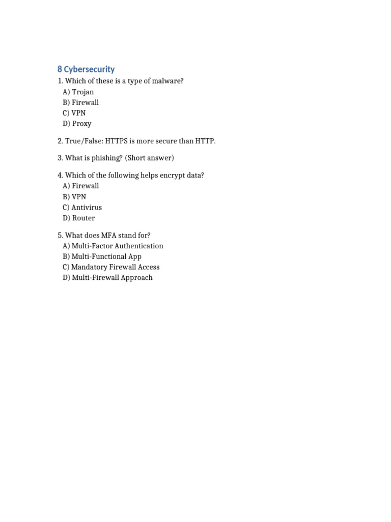 Cybersecurity Quiz: Malware & MFA | PDF