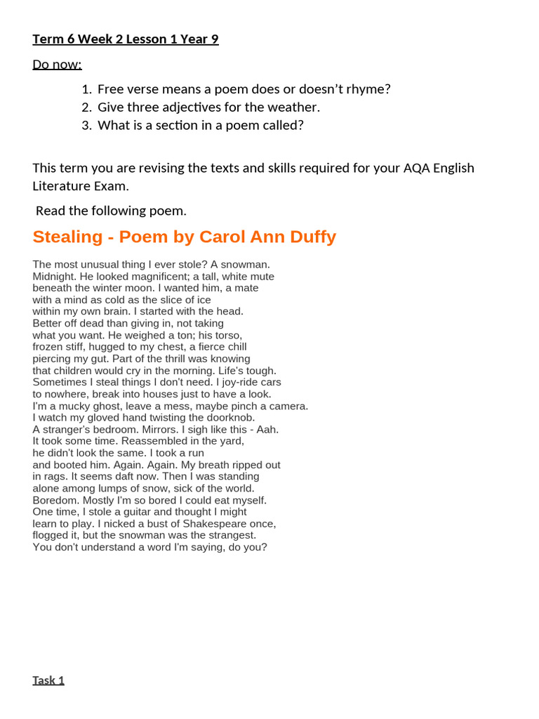 Analysis of "Stealing" by Duffy | PDF | Poetry