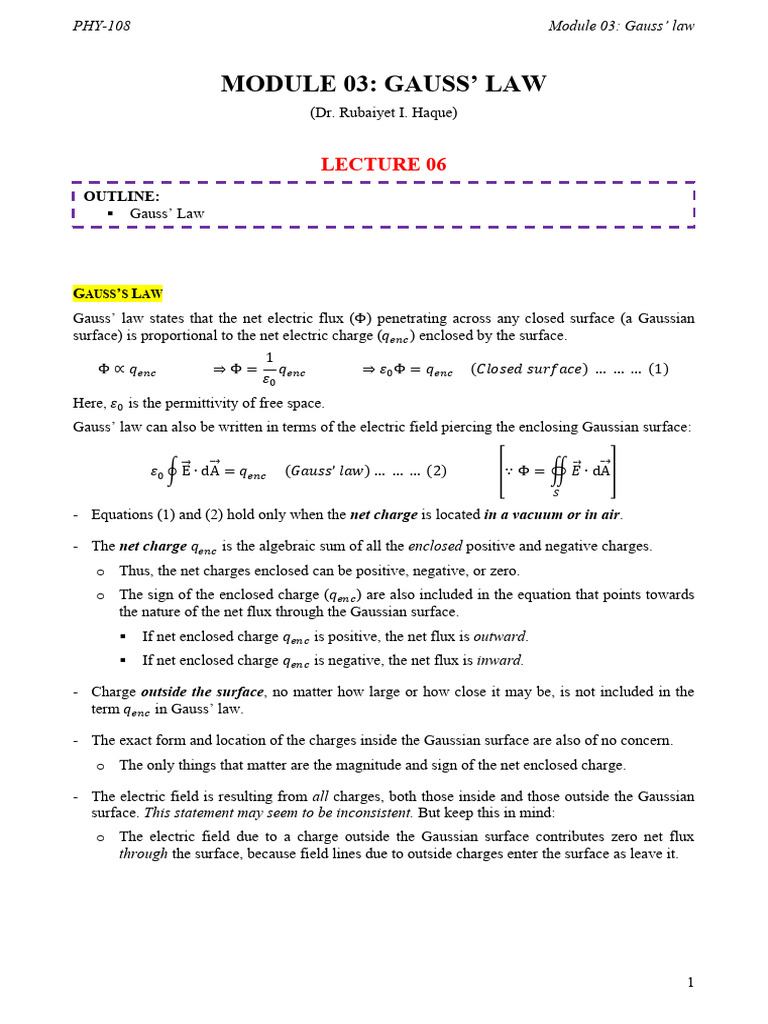 Lecture 06 (Note) - Module 03 - Gauss Law | PDF | Electric Field | Flux