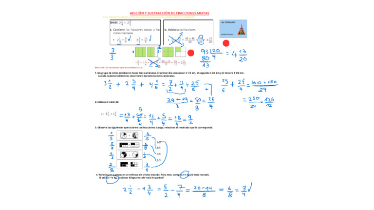 MATEMÁTICA 4to PRIMARIA - ADICIÓN Y SUSTRACCIÓN DE FRACCIONES MIXTAS | PDF