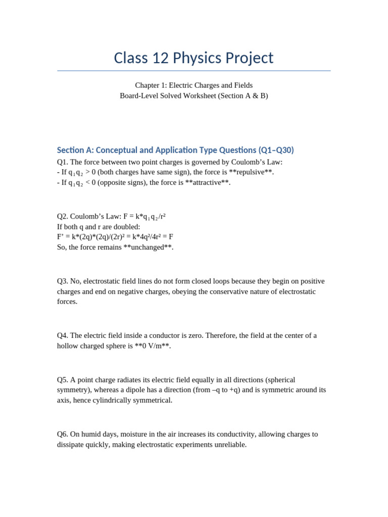 Class 12 Physics: Electric Charges Worksheet | PDF | Physics | Physical ...