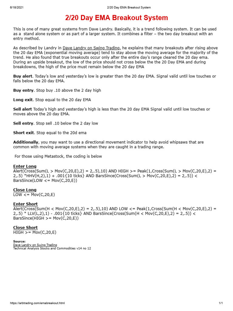 20 Day EMA Breakout Trading System | PDF