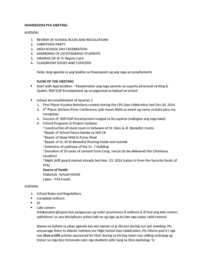 Homeroom PTA Meeting Agenda 2024-2025 | PDF
