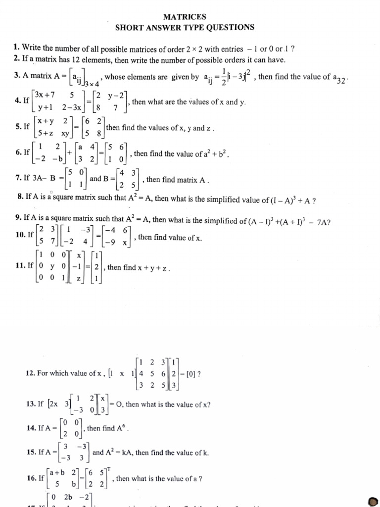 Matrix and Determinants Assignments | PDF | Matrix (Mathematics) | Mathematical Objects