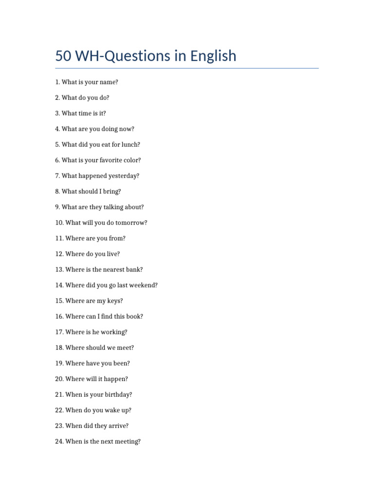 50 Essential WH Questions in English | PDF