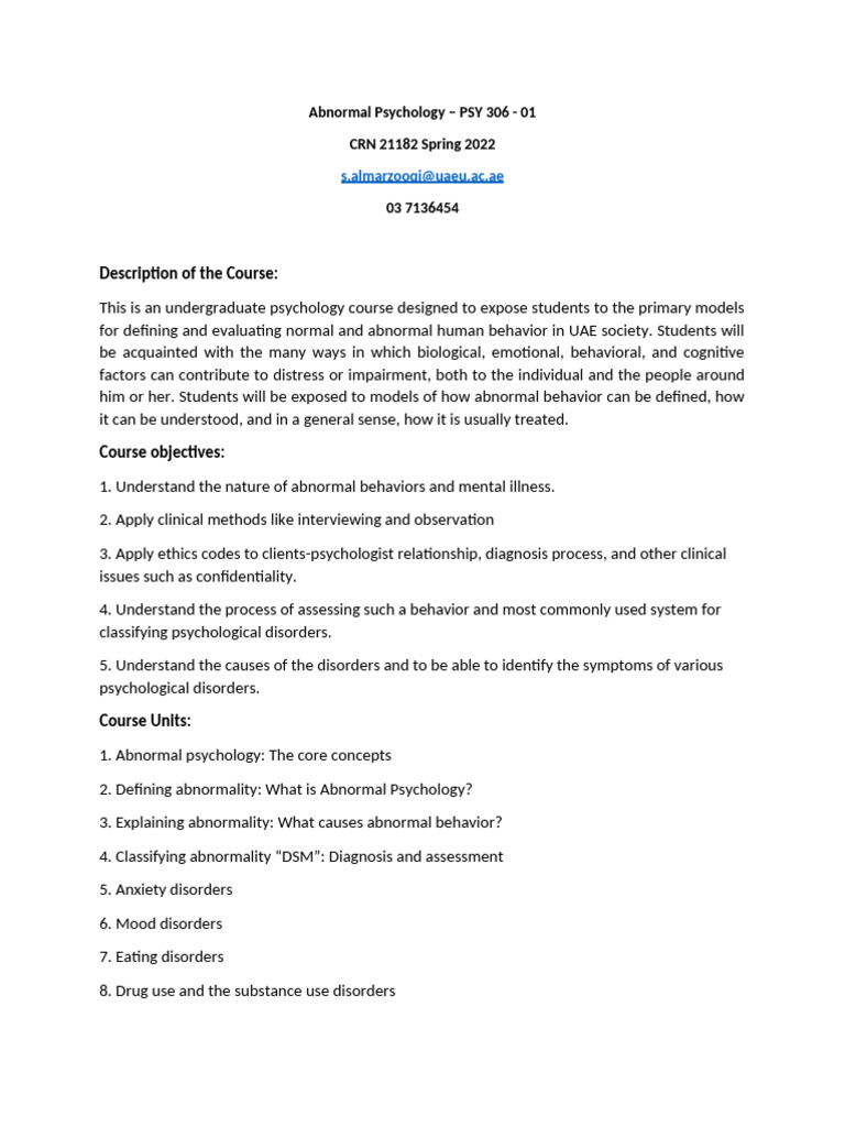 Abnormal Psychology Syllabus Spring 2022 - Female | PDF | Mental ...