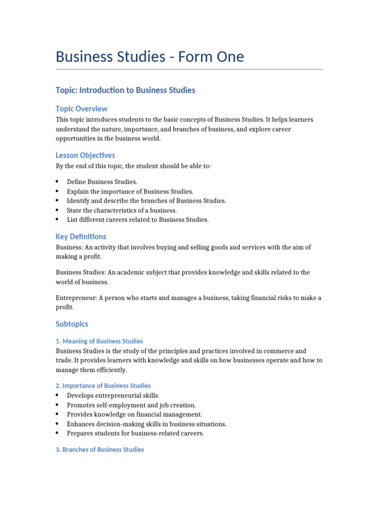 Introduction To Business Studies Tanzania Curriculum | PDF ...