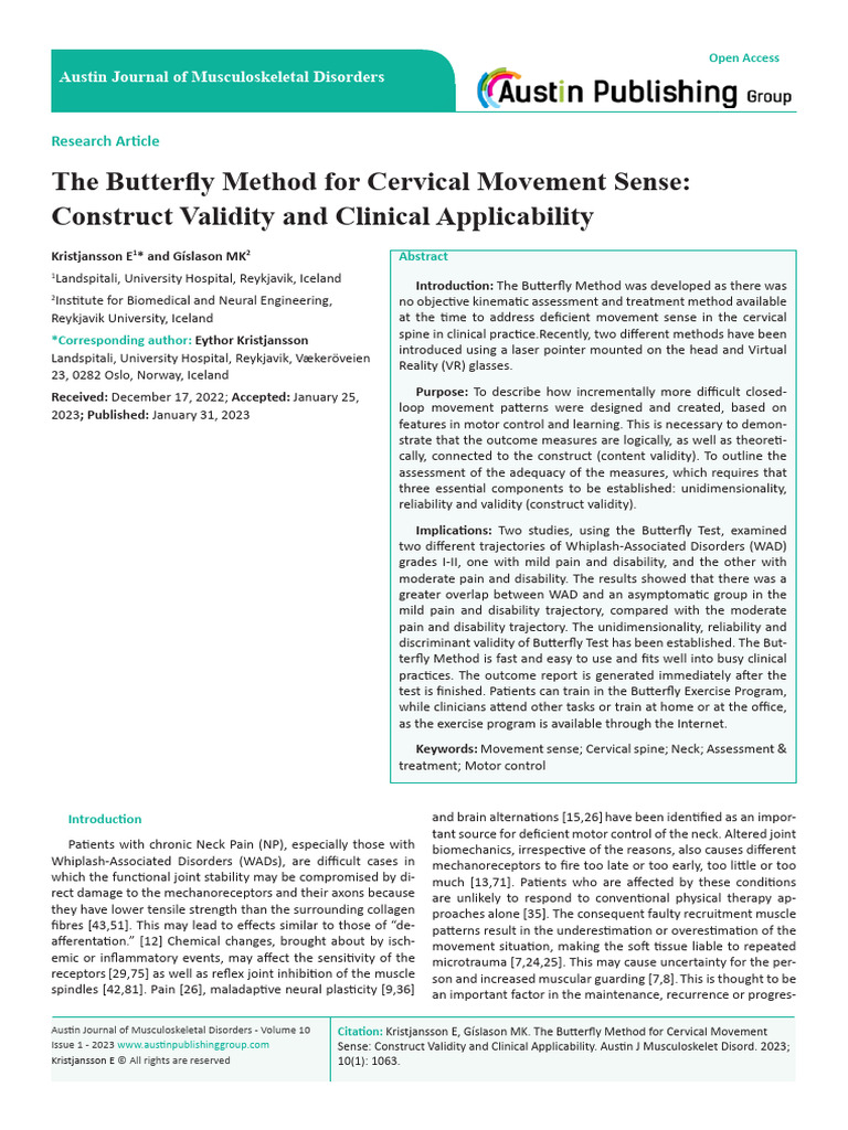 The Butterfly Method For Cervical Movement Sense - Construct Validity ...