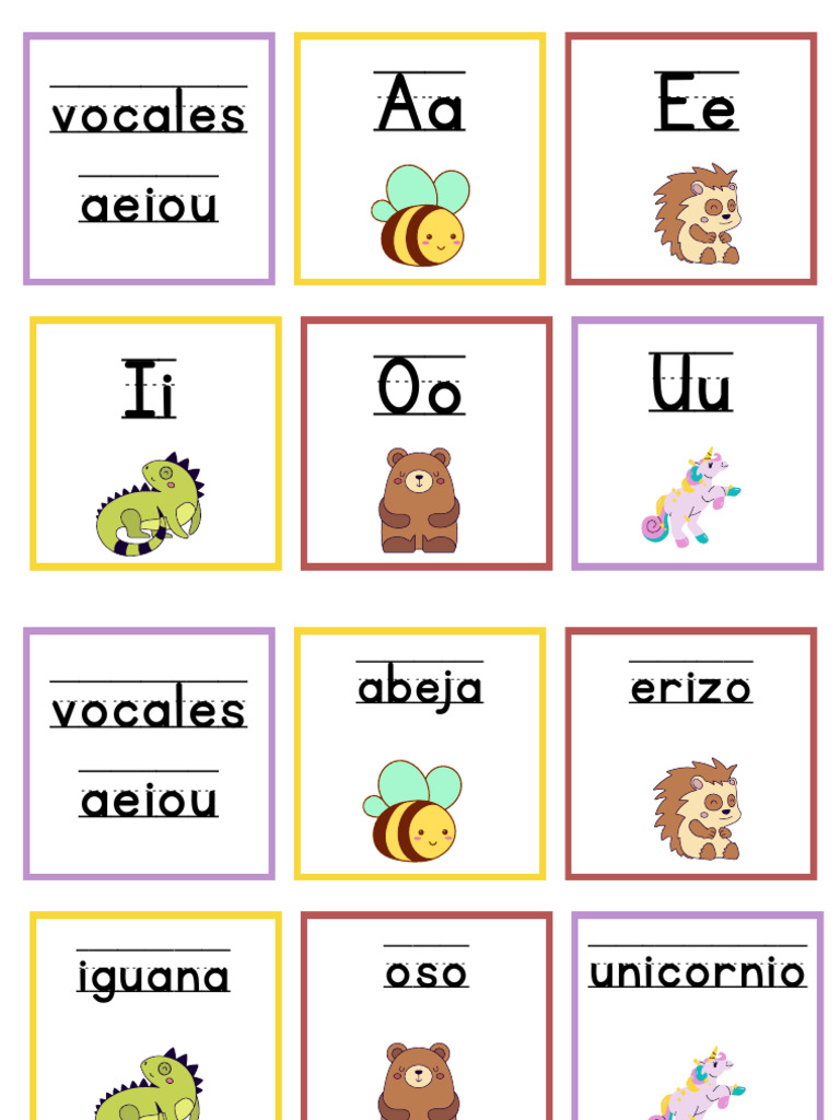 Tarjetas de Estudio Vocales Ilustrativo Colorido | PDF