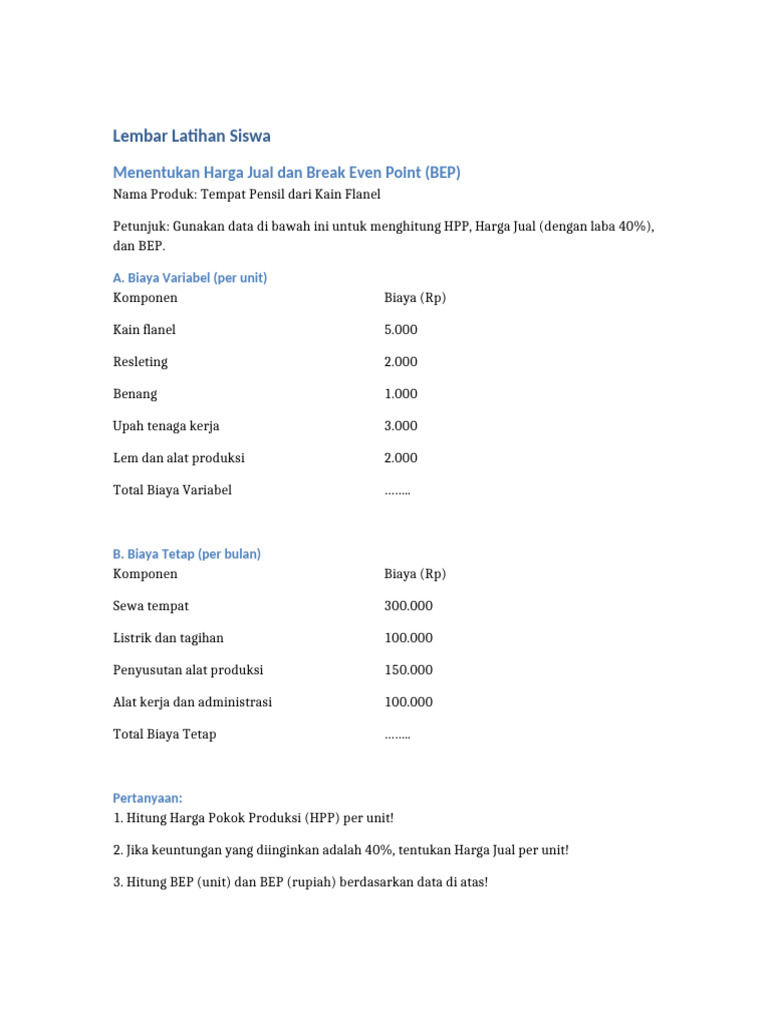 Lembar Latihan HPP Dan BEP | PDF