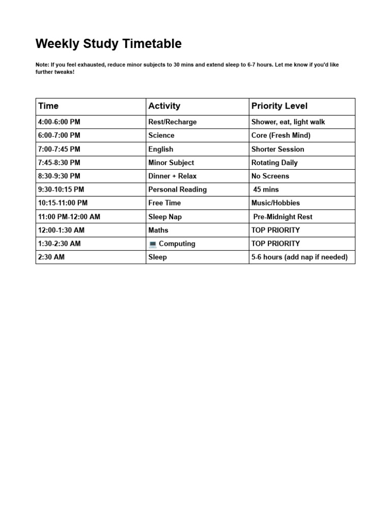 Weekly Study Timetable for Success | PDF
